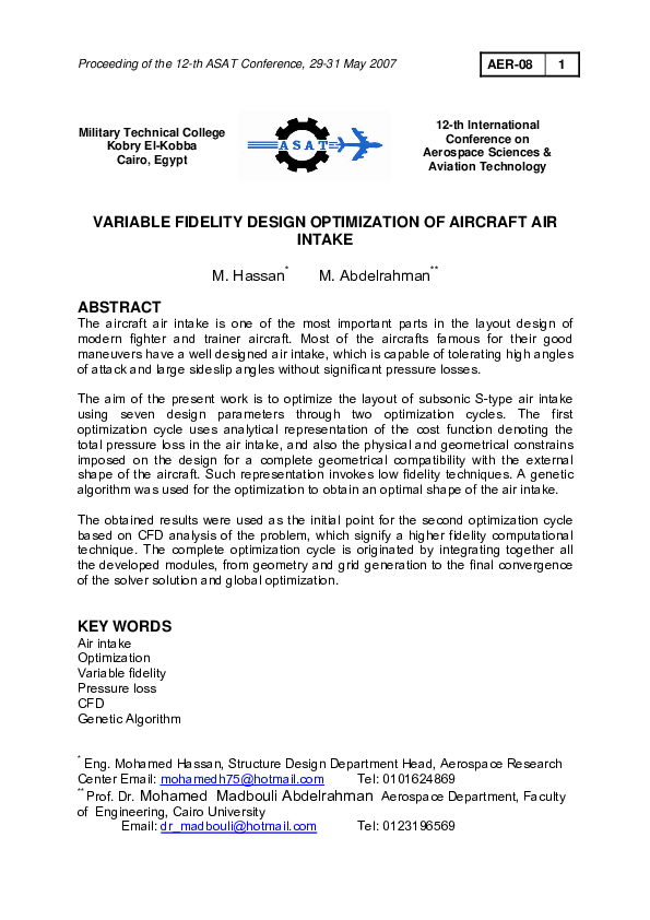 (PDF) Variable fidelity design optimization of aircraft air intake
