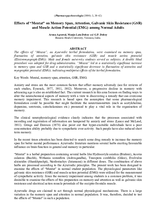 (PDF) Effects of "mentat" on memory span, attention, galvanic skin ...
