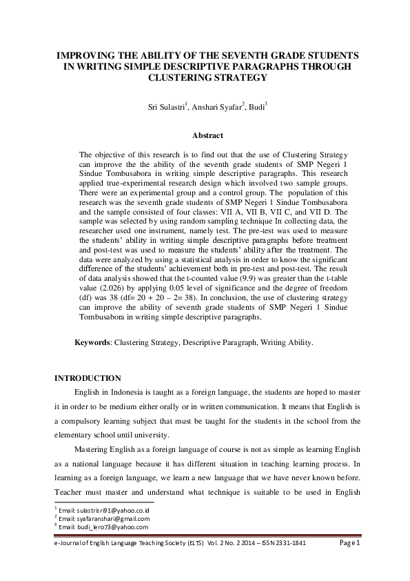 (PDF) Improving the Ability of the Seventh Grade Students in Writing Simple Descriptive ...