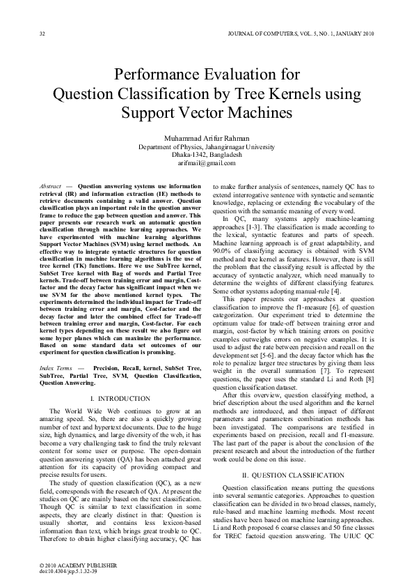 (PDF) Performance Evaluation for Question Classification by Tree Kernels using Support Vector ...