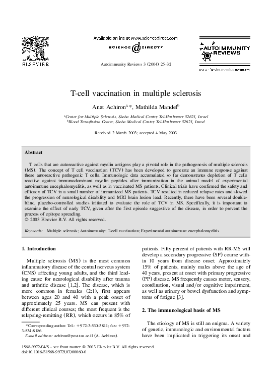 (PDF) T-cell vaccination in multiple sclerosis