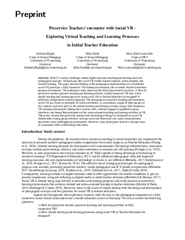 (PDF) Preservice Teachers' encounter with Social VR – Exploring Virtual Teaching and Learning ...