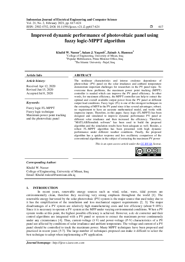 Pdf Improved Dynamic Performance Of Photovoltaic Panel Using Fuzzy Logic Mppt Algorithm 