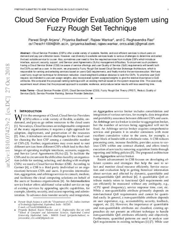 (PDF) Cloud Service Provider Evaluation System Using Fuzzy Rough Set Technique
