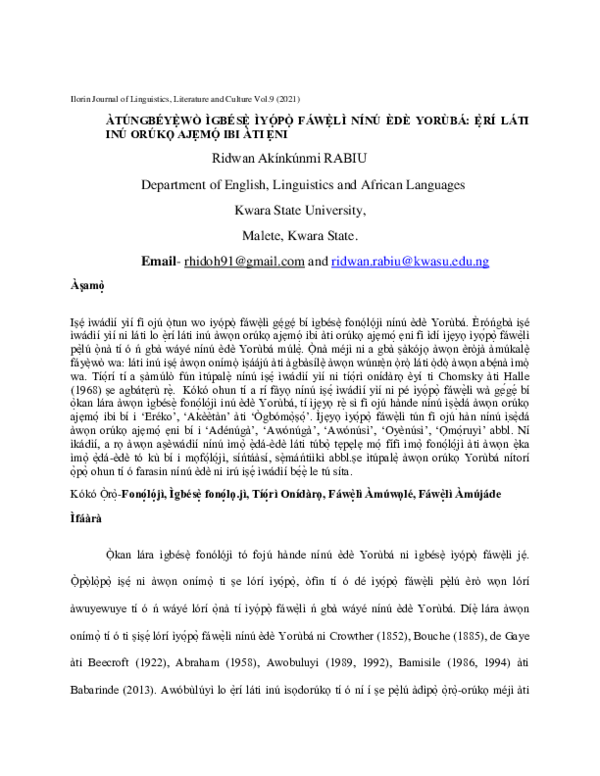 (PDF) ATUNGBEYEWO IYOPO FAWELI NINU EDE YORUBA:ERI LATI INU ORUKO AJEMO ...