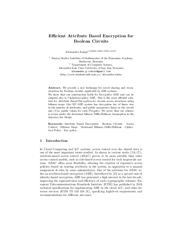 (PDF) Efficient Attribute Based Encryption for Boolean Circuits