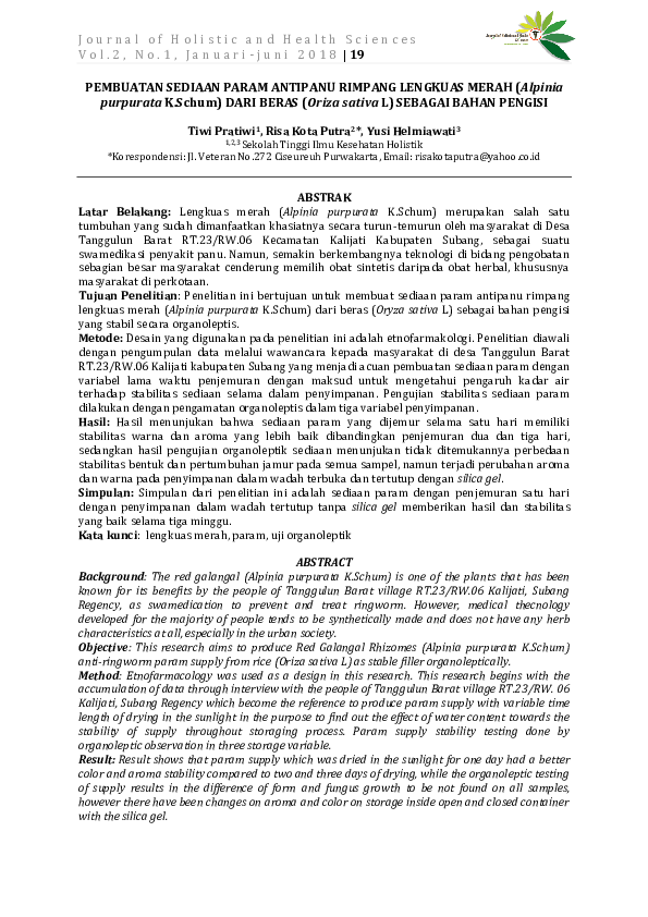 (PDF) PEMBUATAN SEDIAAN PARAM ANTIPANU RIMPANG LENGKUAS MERAH (Alpinia purpurata K.Schum) DARI ...