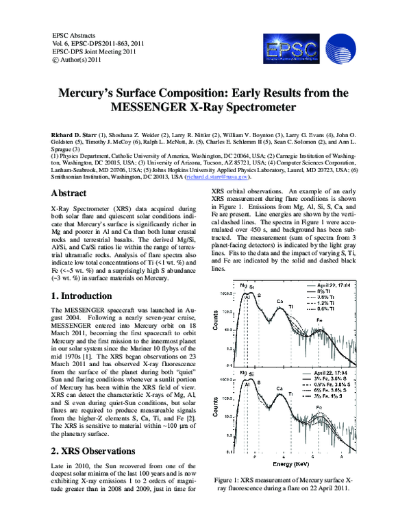 (PDF) Mercury's Surface Composition: Early Results from the MESSENGER X ...