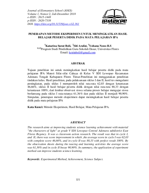 (PDF) Penerapan Metode Eksperimen Untuk Meningkatkan Hasil Belajar Siswa Pada Pembelajaran Ipa ...