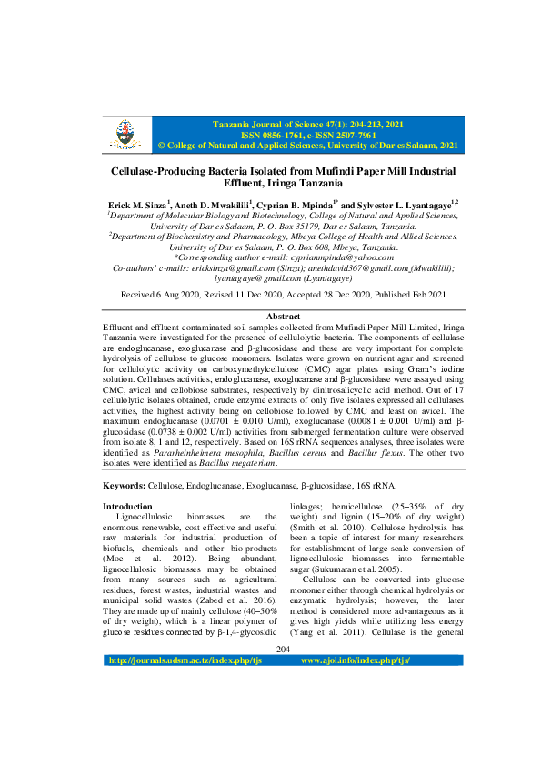 (PDF) Cellulase-Producing Bacteria Isolated from Mufindi Paper Mill ...