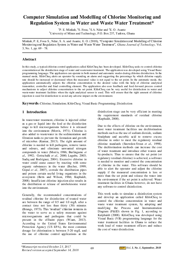 Pdf Computer Simulation And Modelling Of Chlorine Monitoring And Regulation System In Water