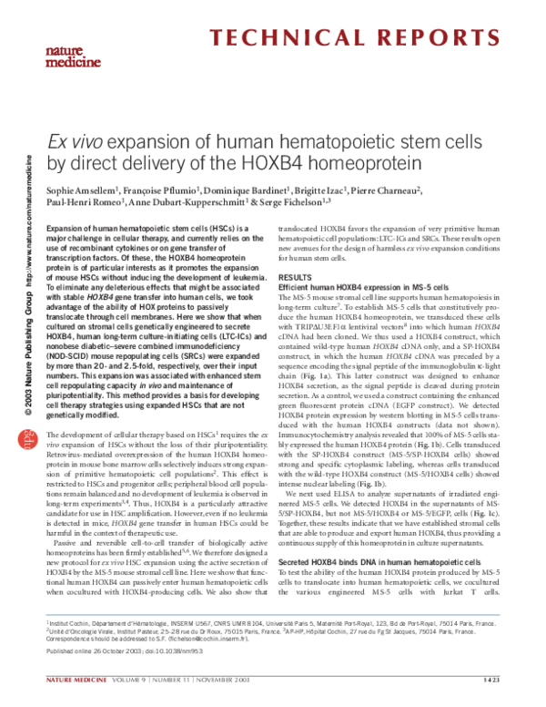 (PDF) Ex vivo expansion of human hematopoietic stem cells by direct delivery of the HOXB4 ...