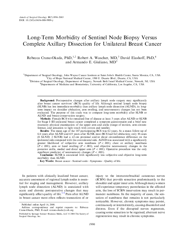 Pdf Long Term Morbidity Of Sentinel Node Biopsy Versus Complete Axillary Dissection For