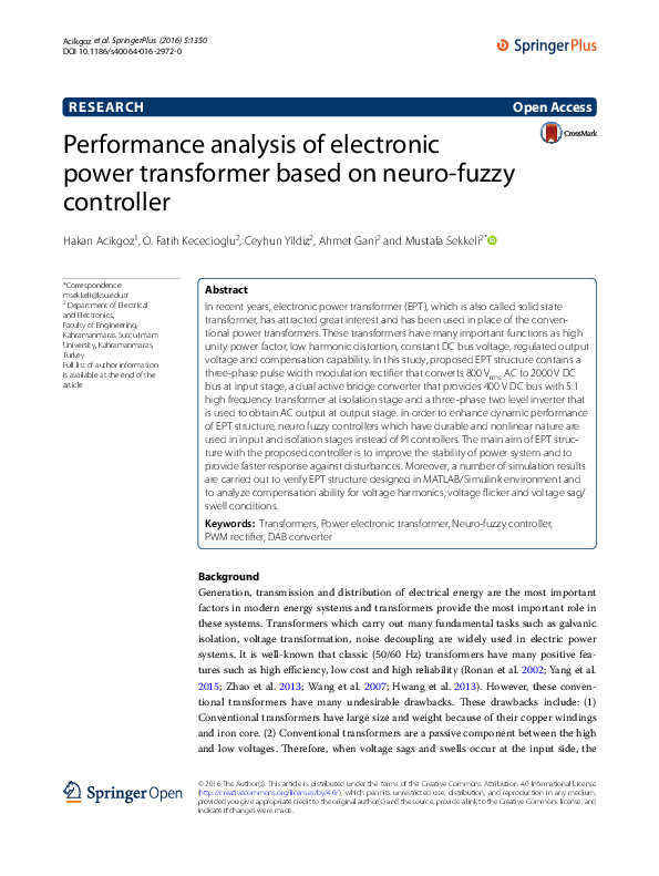(PDF) Performance analysis of electronic power transformer based on neuro-fuzzy controller