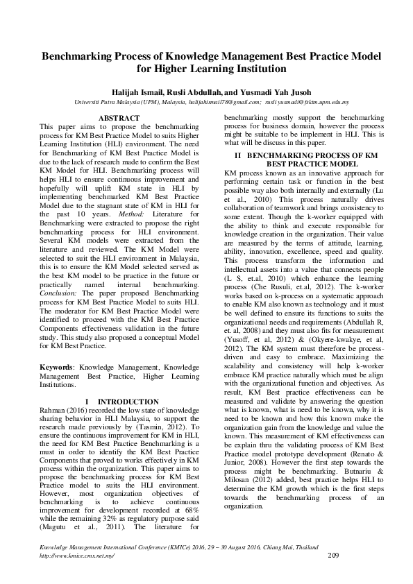 (PDF) Benchmarking process of knowledge management best practice model ...