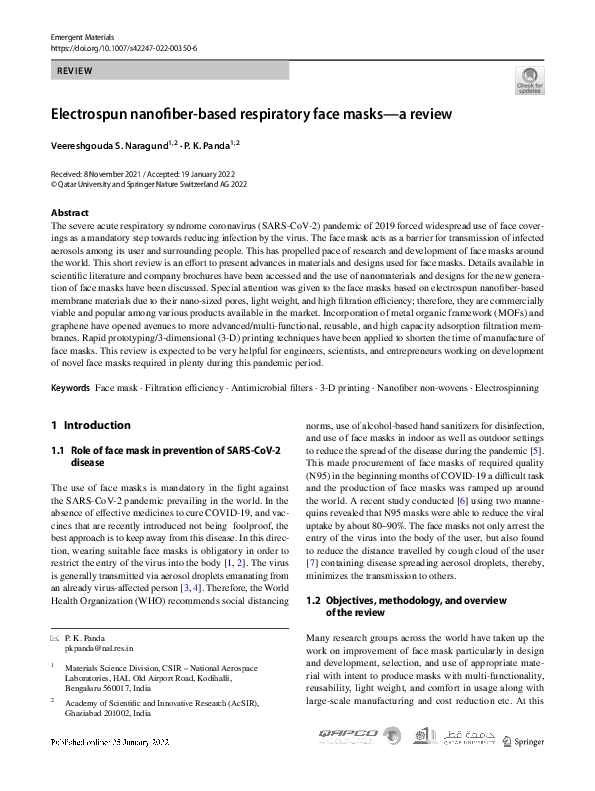 (PDF) Electrospun nanofiber-based respiratory face masks-a review