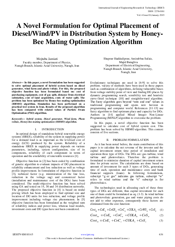 (PDF) A Novel Formulation for Optimal Placement of Diesel/Wind/PV in Distribution System by ...