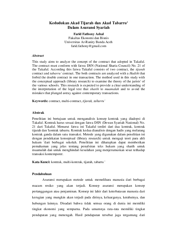 (PDF) Kedudukan Akad Tijarah dan Akad Tabarru' Dalam Asuransi Syariah