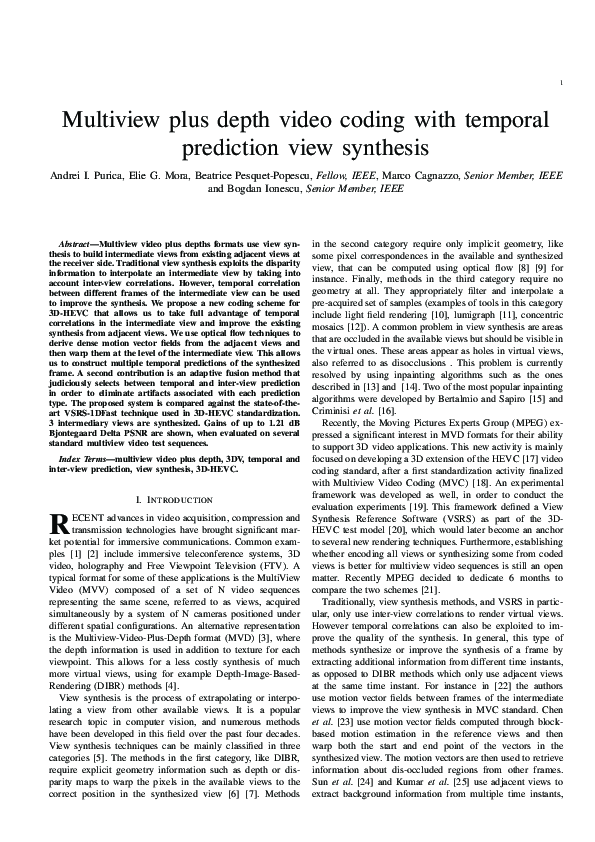 (PDF) Multiview plus depth video coding with temporal prediction view synthesis