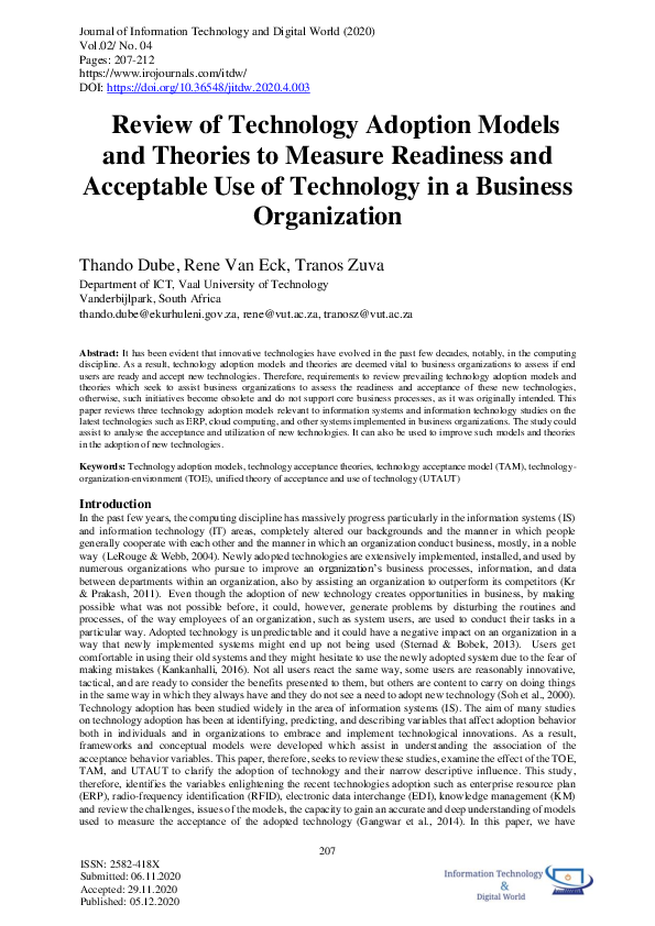 (PDF) Review of Technology Adoption Models and Theories to Measure ...