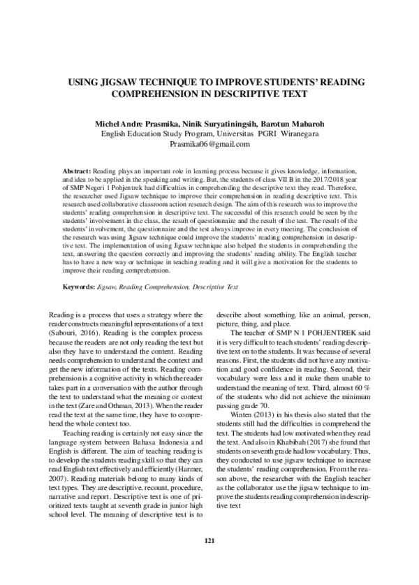 (PDF) Using Jigsaw Technique to Improve Students’ Reading Comprehension in Descriptive Text