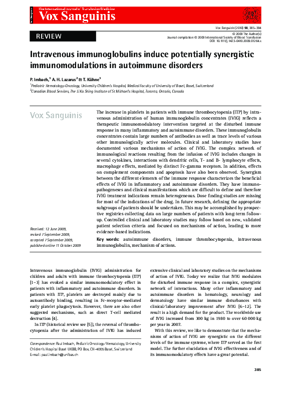 (PDF) Intravenous immunoglobulins induce potentially synergistic immunomodulations in autoimmune ...