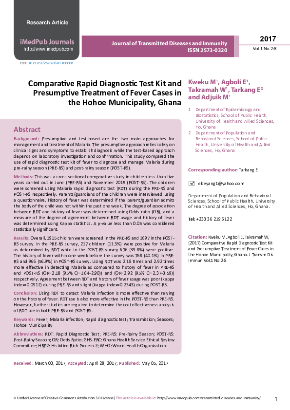 (PDF) Comparative Rapid Diagnostic Test Kit andPresumptive Treatment of ...
