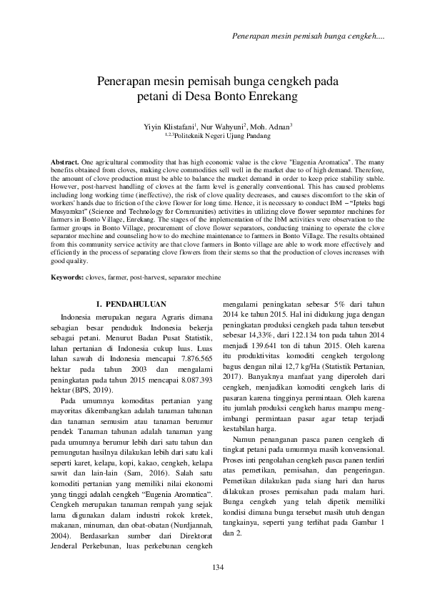 (PDF) Penerapan mesin pemisah bunga cengkeh pada petani di Desa Bonto ...