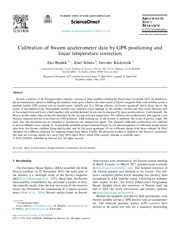 (PDF) Calibration of Swarm accelerometer data by GPS positioning and linear temperature correction