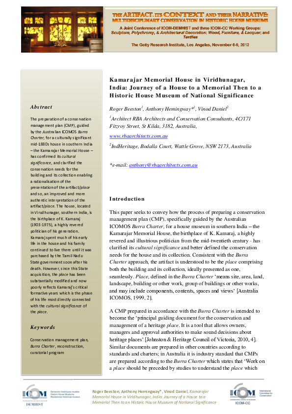 (PDF) Kamarajar Memorial House in Viridhunagar, India: Journey of a ...