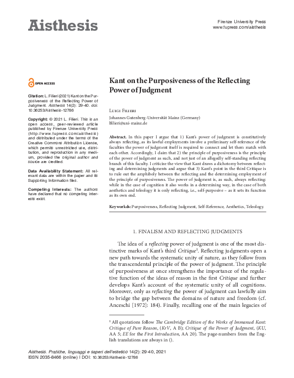 (PDF) Kant on the Purposiveness of the Reflecting Power of Judgment