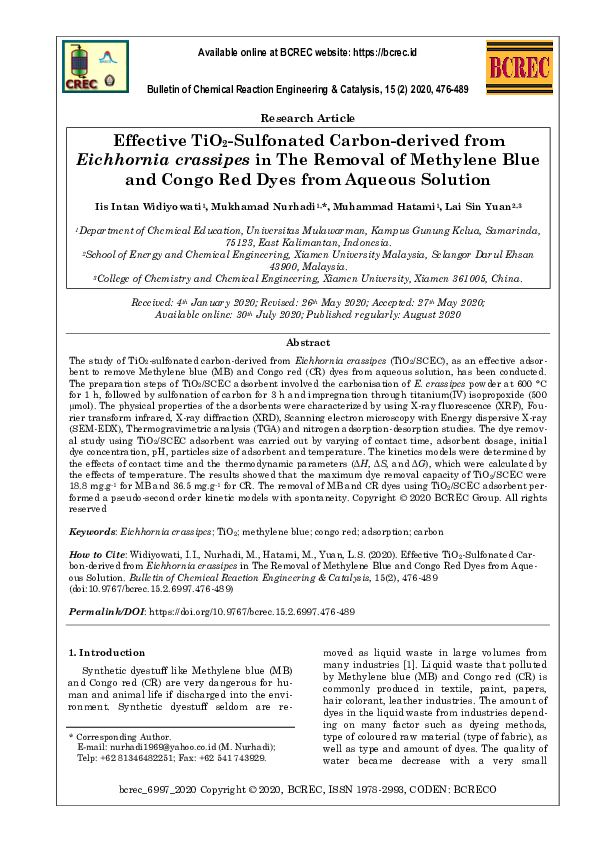 (PDF) Effective TiO2-Sulfonated Carbon-derived from Eichhornia crassipes in The Removal of ...