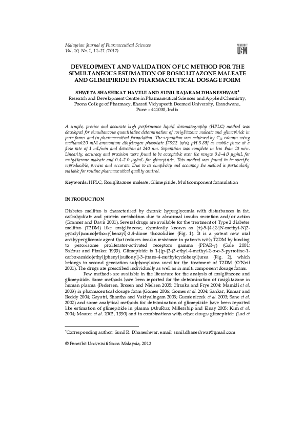 Pdf Development And Validation Of Lc Method For The Simultaneous Estimation Of Rosiglitazone
