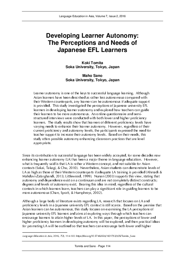 (PDF) Developing Learner Autonomy: The Perceptions and Needs of Japanese EFL Learners