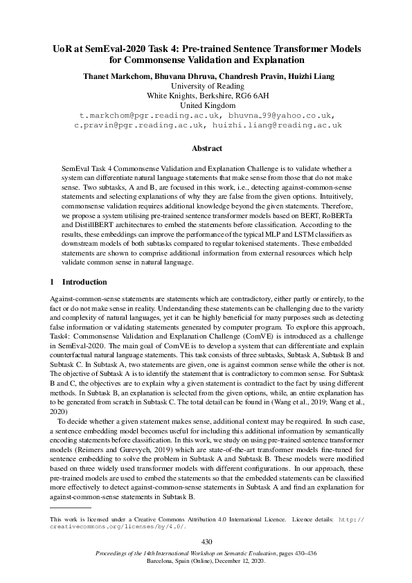 (PDF) UoR at SemEval-2020 Task 4: Pre-trained Sentence Transformer Models for Commonsense ...