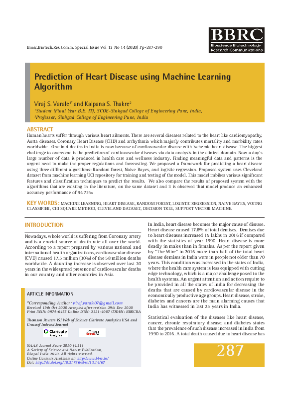 (PDF) Prediction of Heart Disease using Machine Learning Algorithm