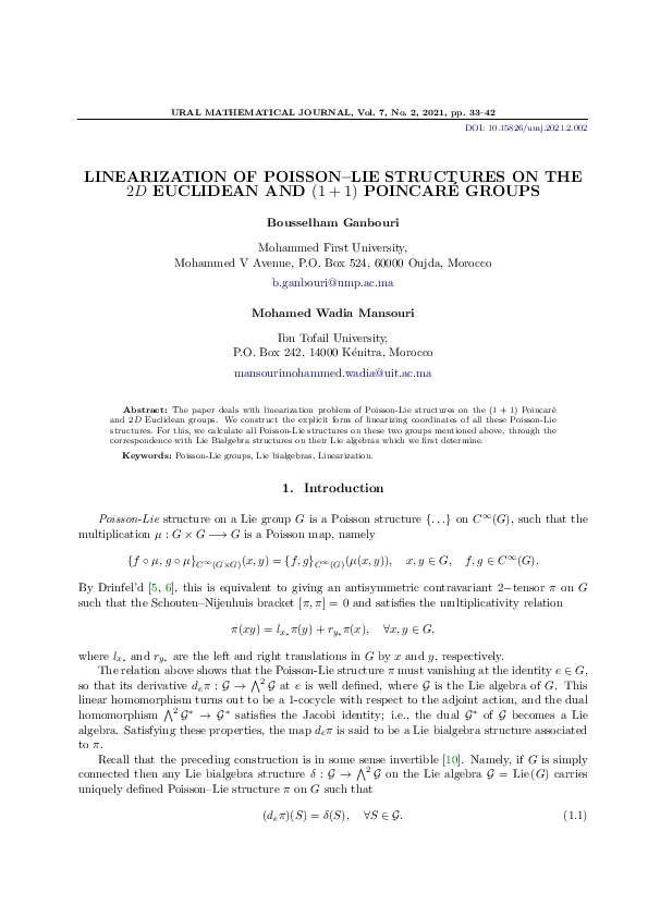 (PDF) Linearization of Poisson–Lie Structures on the 2D Euclidean and (1 + 1) Poincaré Groups ...