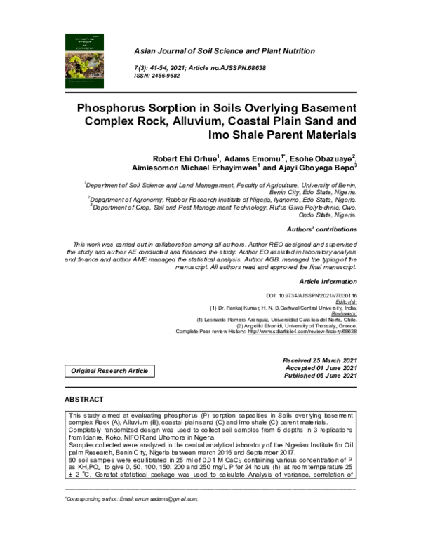 (PDF) Phosphorus Sorption in Soils Overlying Basement Complex Rock ...