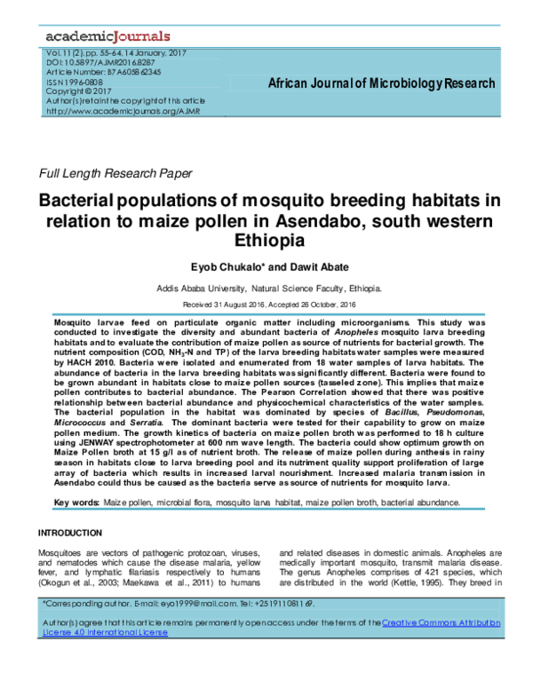 (PDF) Bacterial populations of mosquito breeding habitats in relation to maize pollen in ...