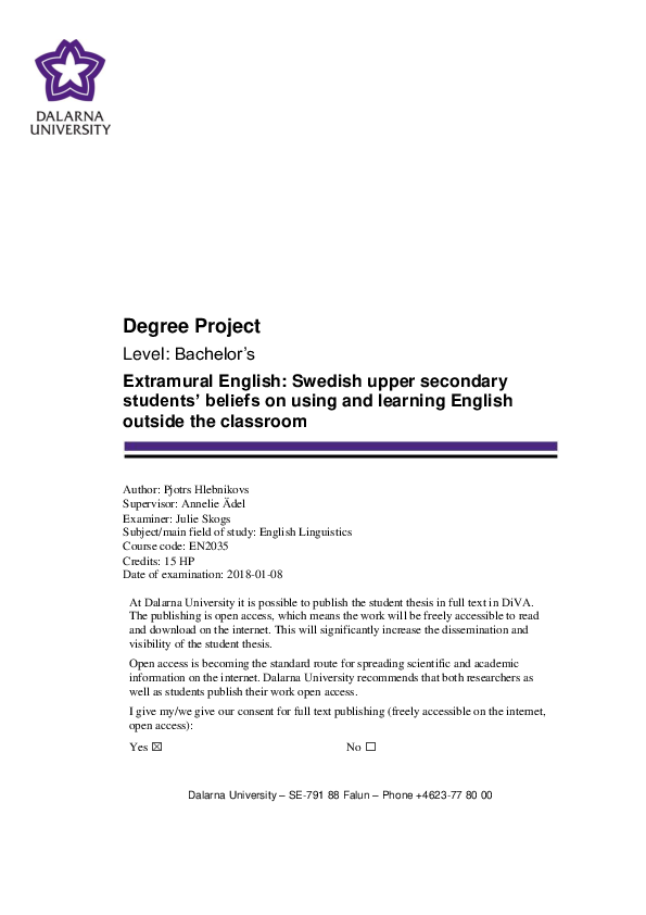 (PDF) Extramural English: Swedish upper secondary students’ beliefs on ...