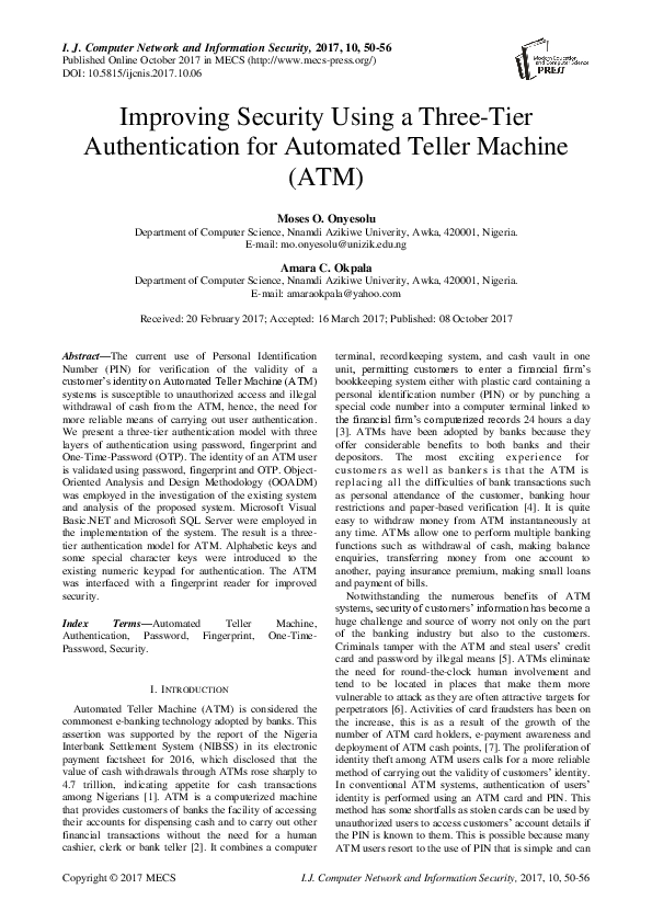 (PDF) Improving Security Using a Three-Tier Authentication for Automated Teller Machine (ATM)