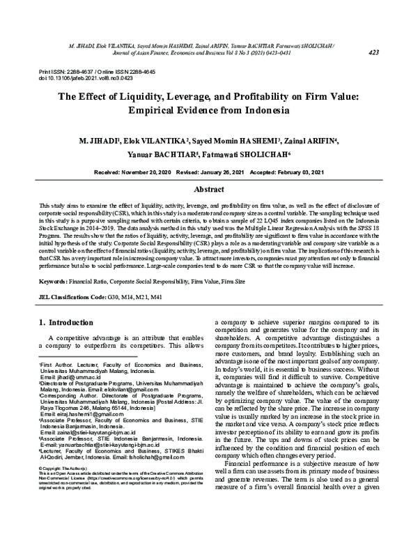 (PDF) The Effect of Liquidity, Leverage, and Profitability on Firm Value: Empirical Evidence ...