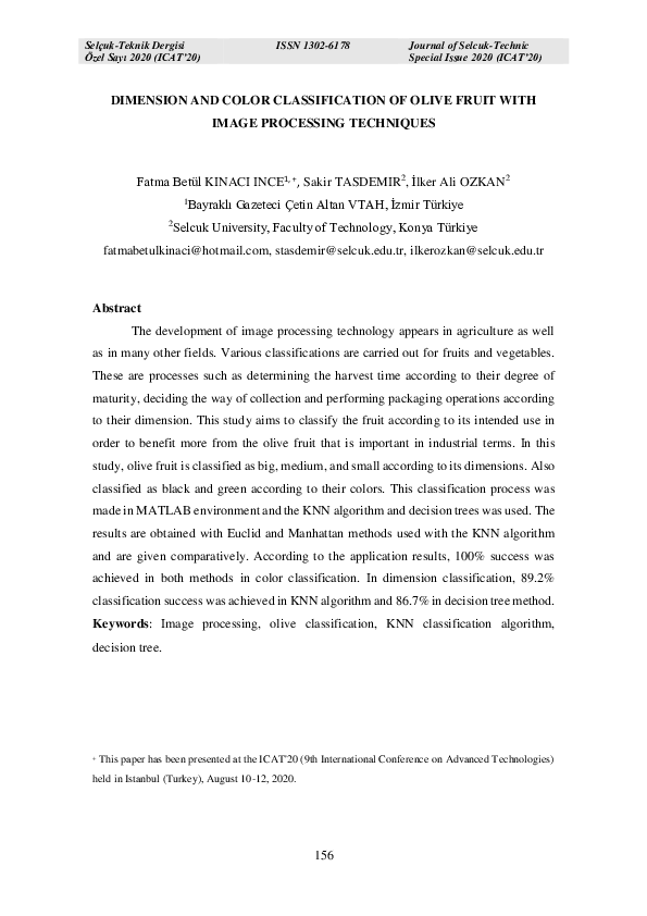 Pdf Dimension And Color Classification Of Olive Fruit With Image Processing Techniques