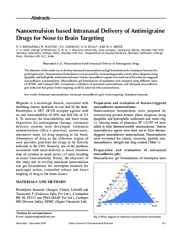 (PDF) Nanoemulsion based Intranasal Delivery of Antimigraine Drugs for ...