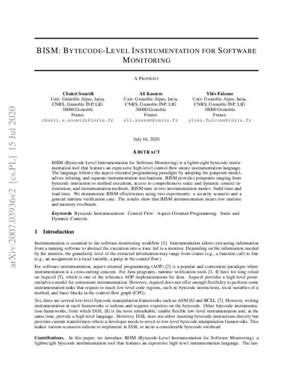 (PDF) BISM: Bytecode-Level Instrumentation for Software Monitoring