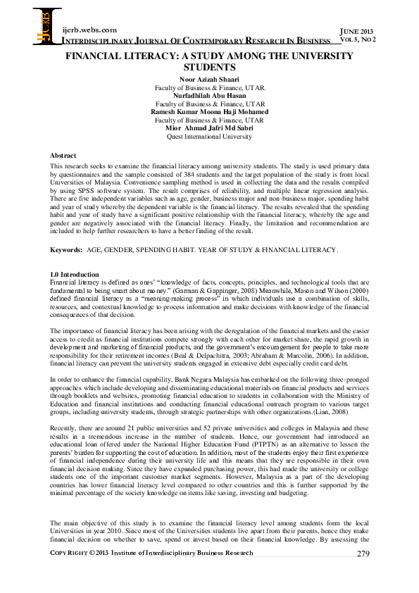(PDF) Financial Literacy: A Study Among the University Students
