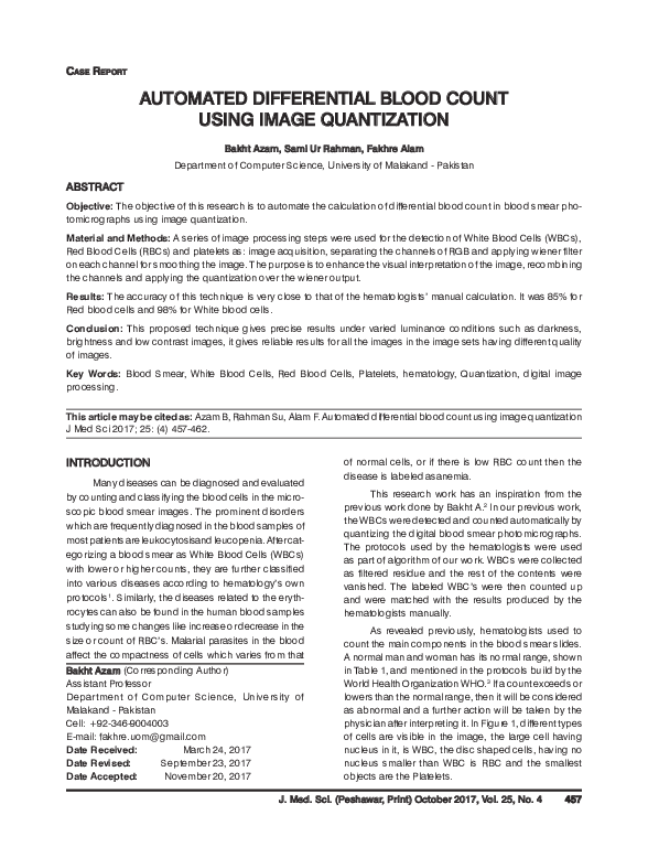 (PDF) Automated Differential Blood Count Using Image Quantization