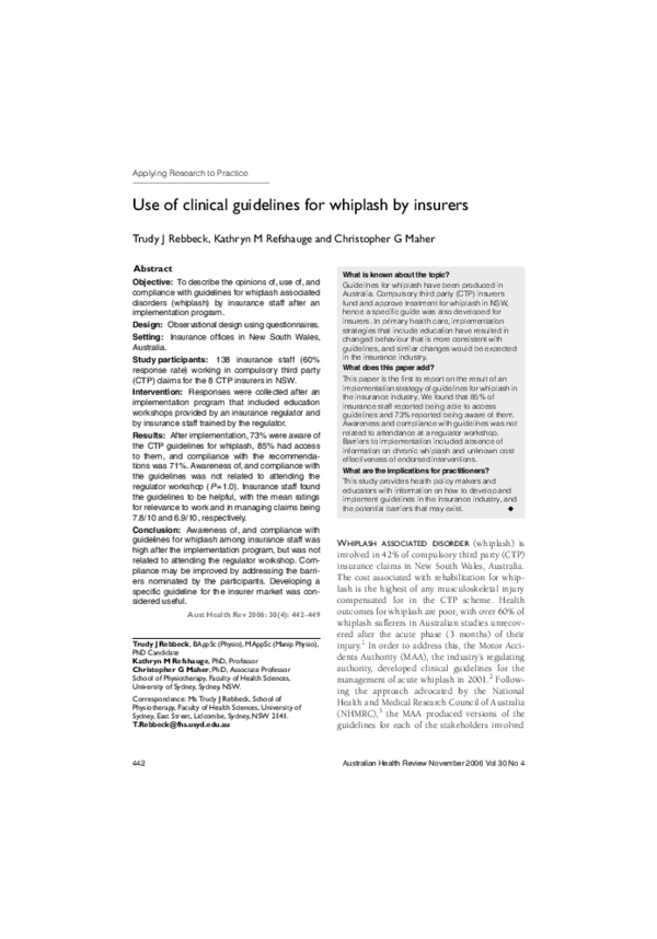(PDF) Use of clinical guidelines for whiplash by insurers