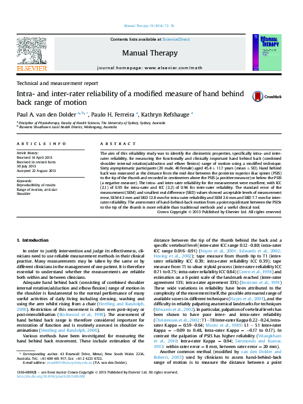 (PDF) Intra- and inter-rater reliability of a modified measure of hand ...