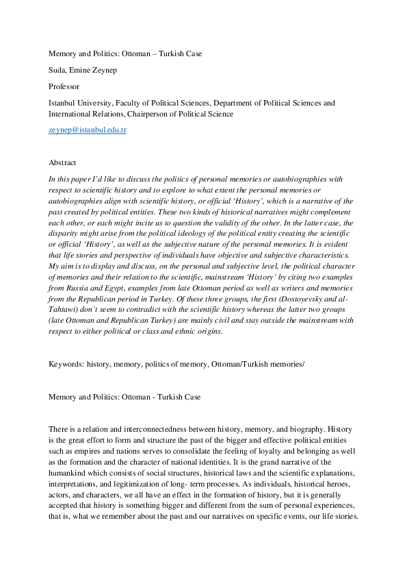 (PDF) Memory and Politics: Ottoman -Turkish Case